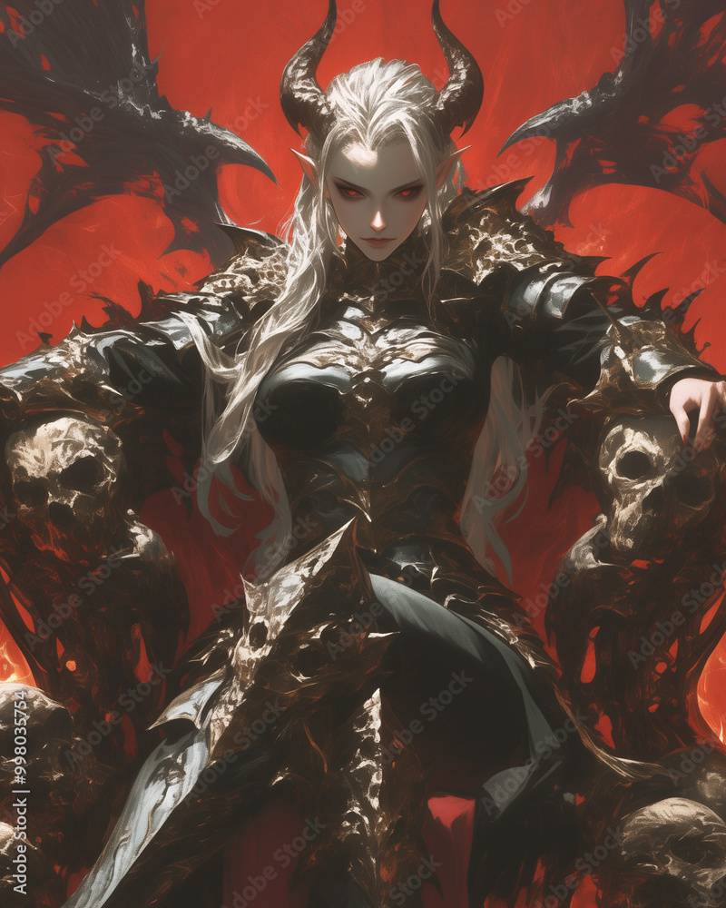 female demon with red eyes and dark wings sits on a skull throne in ...
