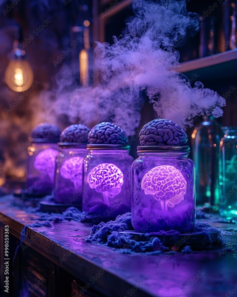 spooky scooby-doo style haunted medical lab with brain in jar backlight ...