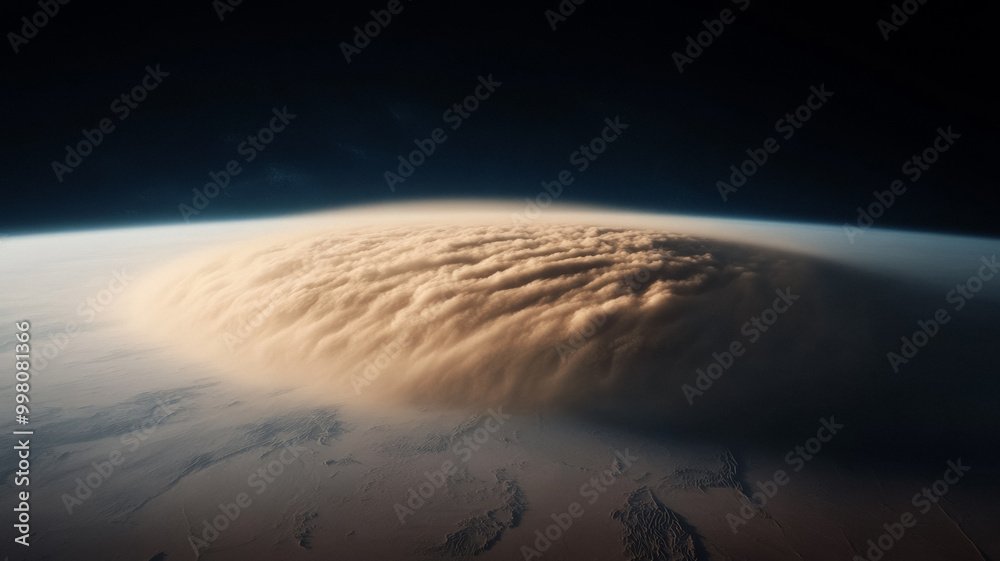 Huge dust storm crossing an arid desert from space view sandy haze ...