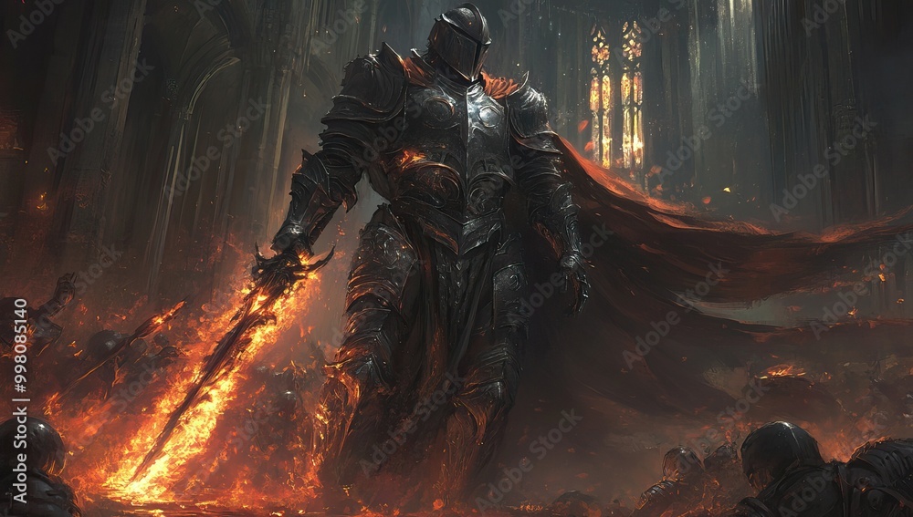 Armored warrior wielding a flaming sword in a dark fantasy setting ...