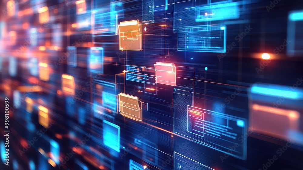 Abstract network grid with files and folders, futuristic software interface, digital document ...