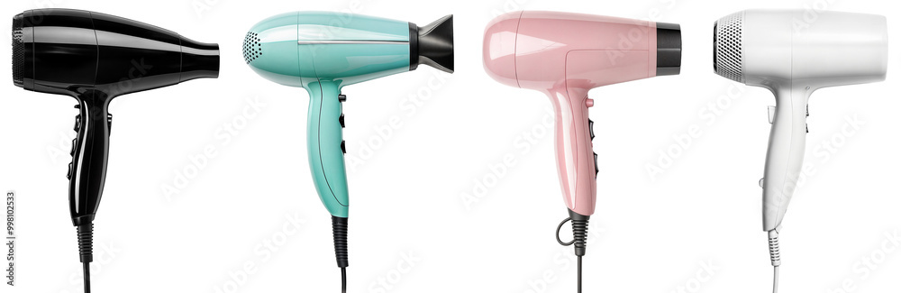Set of Four Modern Hair Dryers in Black, Blue, Pink, and White Colors ...