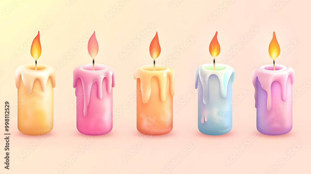 Pastel candle set of icons with smooth lines and soft flickering flame ...