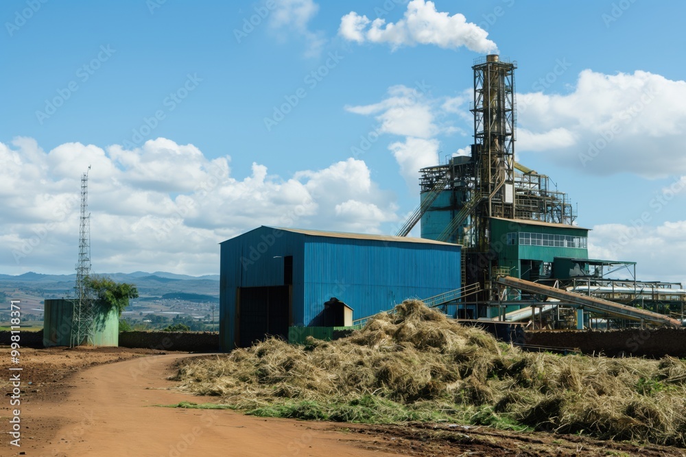 Biomass power plant converting sugar cane waste, called bagasse, into renewable energy, showing ...