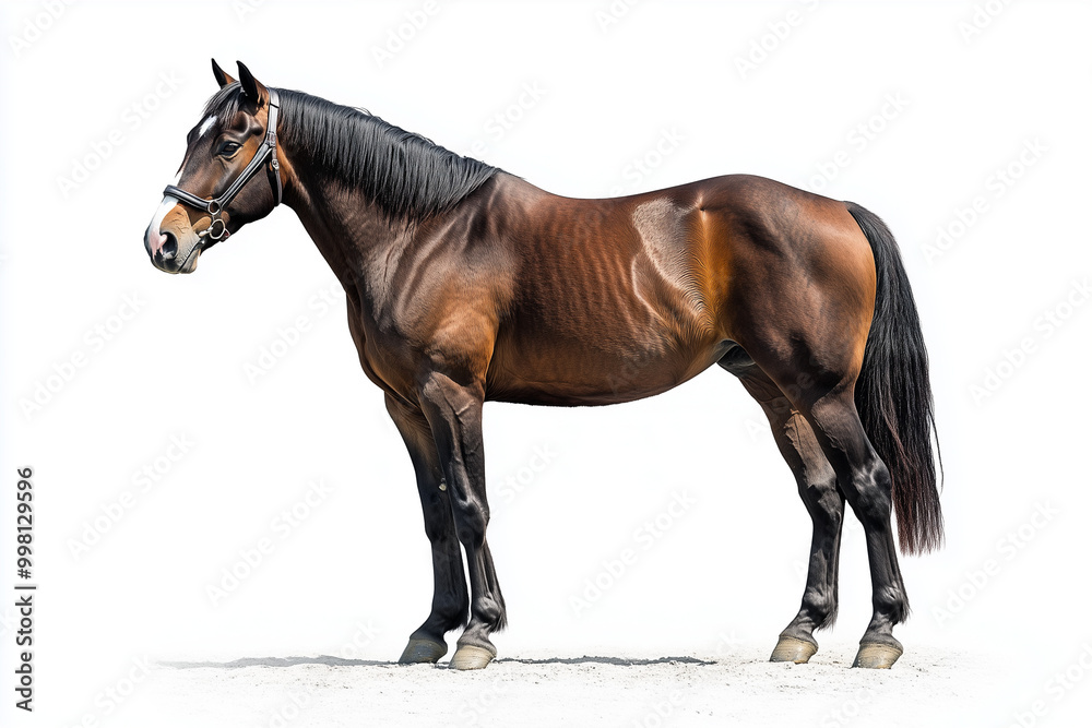 Bay Stallion Standing Proud in Full-Body Profile A bay stallion ...
