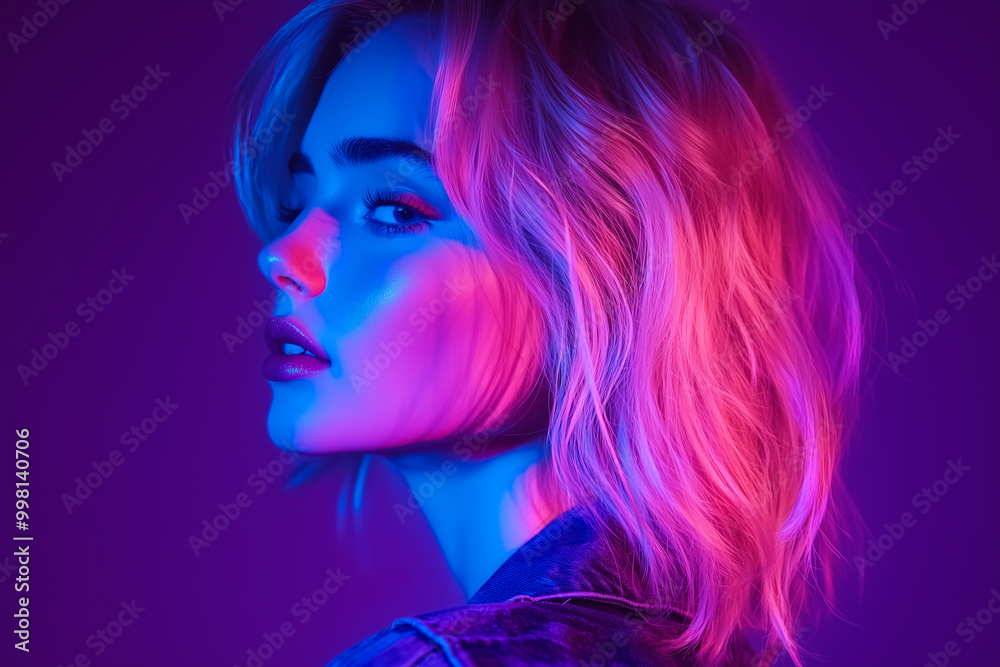 Fashion beauty young blond hair 20s girl model profile side view stand ...