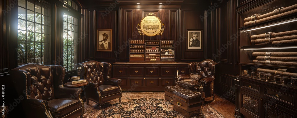 A vintage 1920s-inspired smoking room with dark wood paneling, a ...