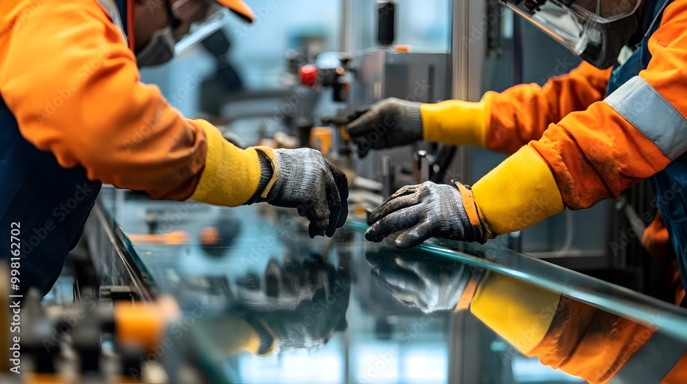 Skilled workers carefully operating a state of the art glass tempering ...