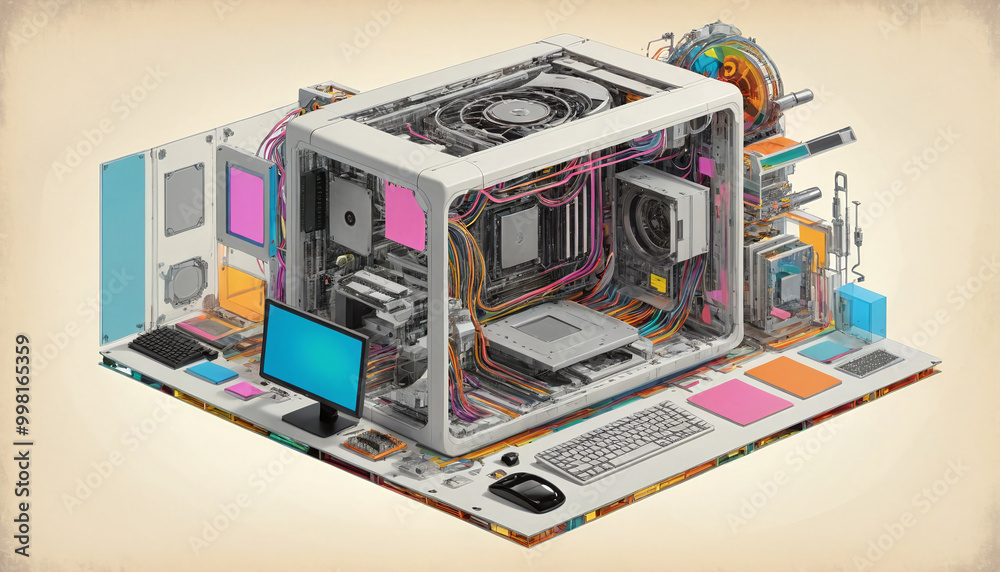 Illustrative representation of a transparent modern computer with all ...