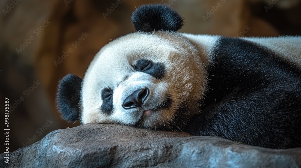 Adorable giant panda bear sleeping on its side in a zoo enclosure, with ...
