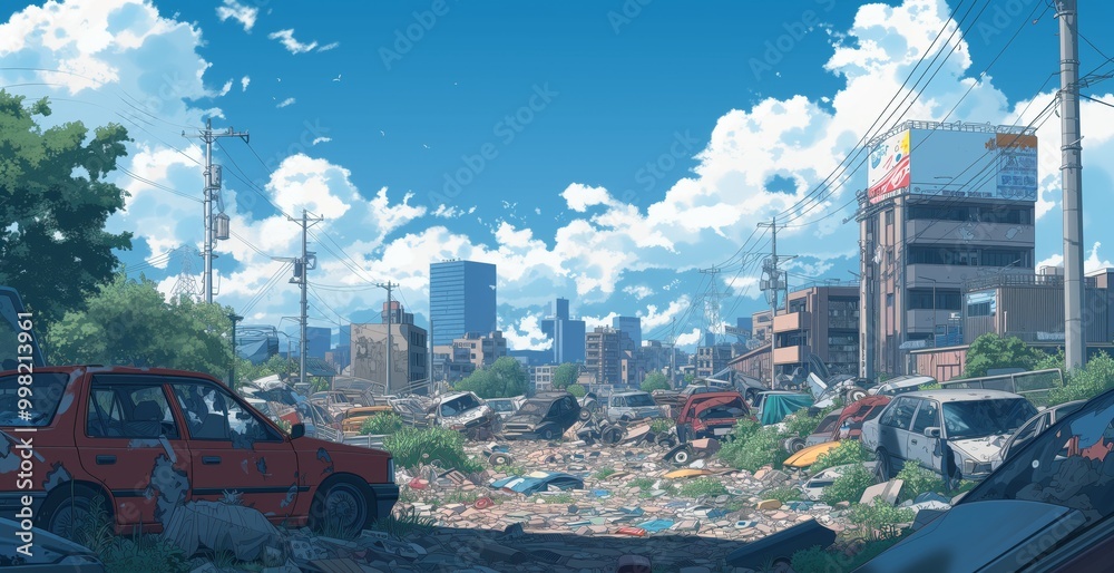 A digital illustration of a junkyard filled with discarded cars and ...