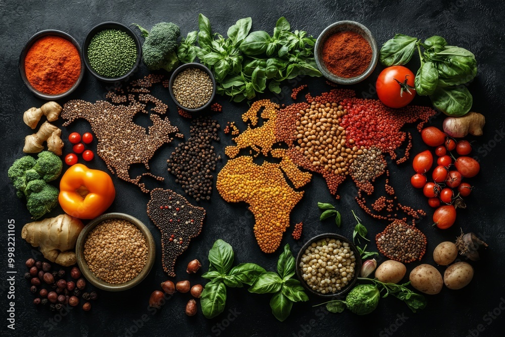 Diverse range of global cuisines. Top view of world map made of food ...