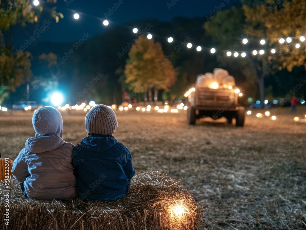 Family-friendly haunted hayride at night kids in costumes sitting on ...