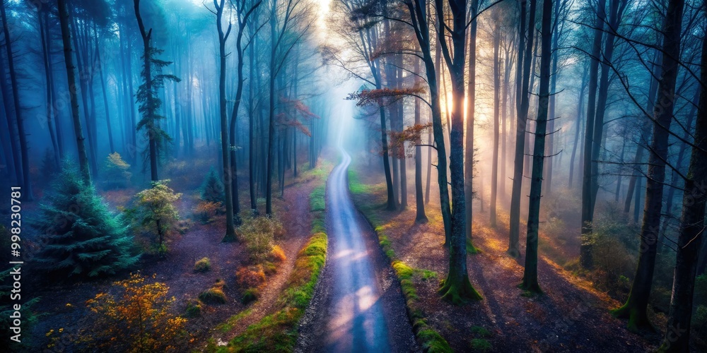 A shadowy path winds through a haunting forest, cloaked in eerie fog ...