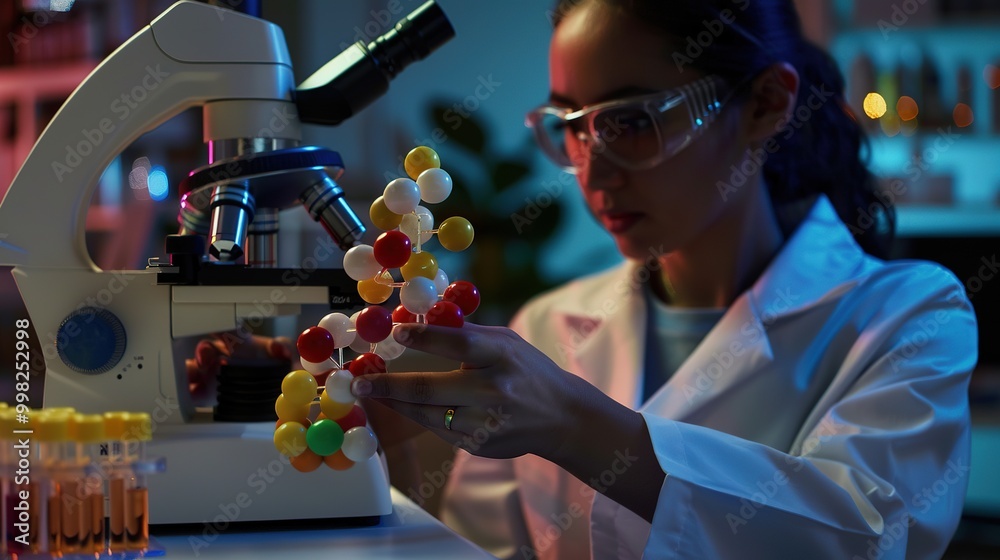Scientist in Lab Coat Holding Molecular Model of Serotonin Receptor ...