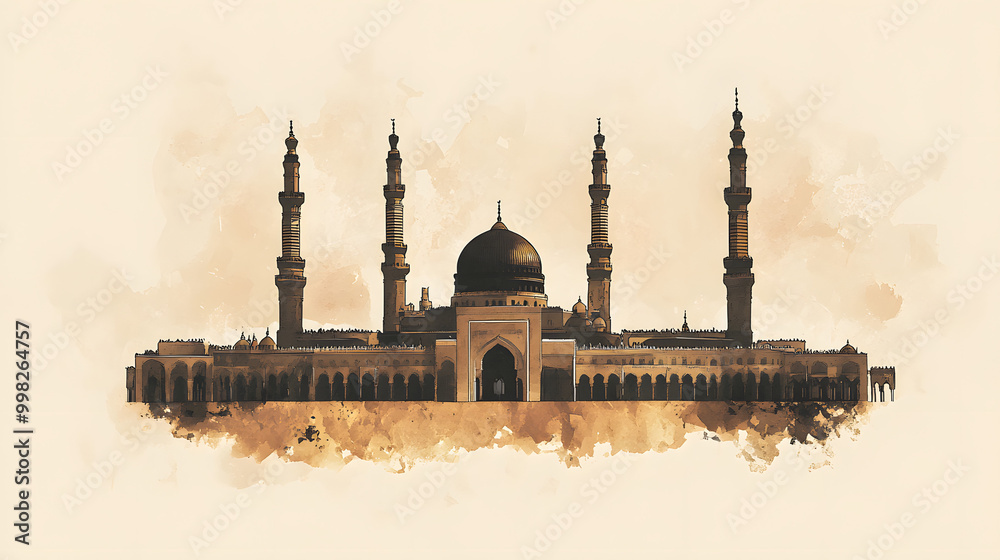 Minimalist architectural drawing of Masjid al-Haram, light beige ...