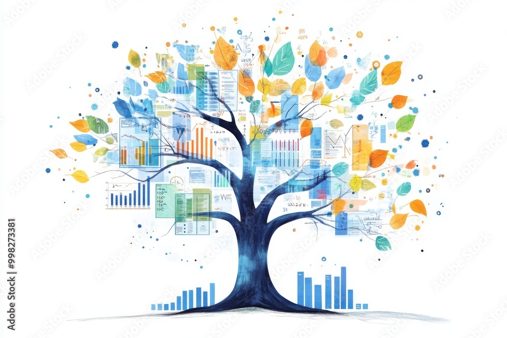 a whimsical design featuring a tree with branches and leaves made up of ...