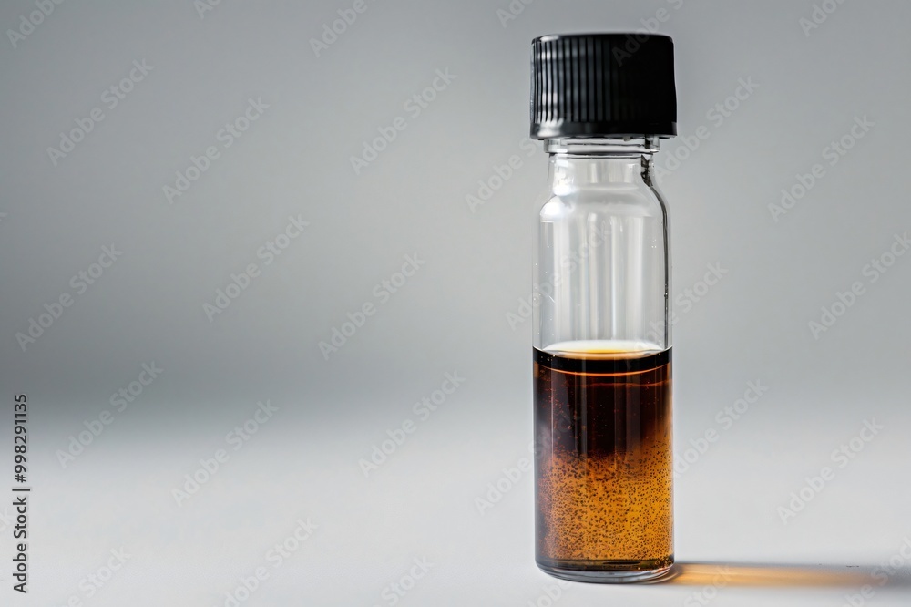 Vial containing a crude oil sample is standing on a white background in ...