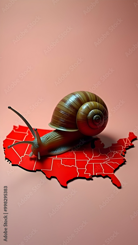 Snail Crawling Slowly on Red USA Map, Symbol of Slow Economic Growth or ...