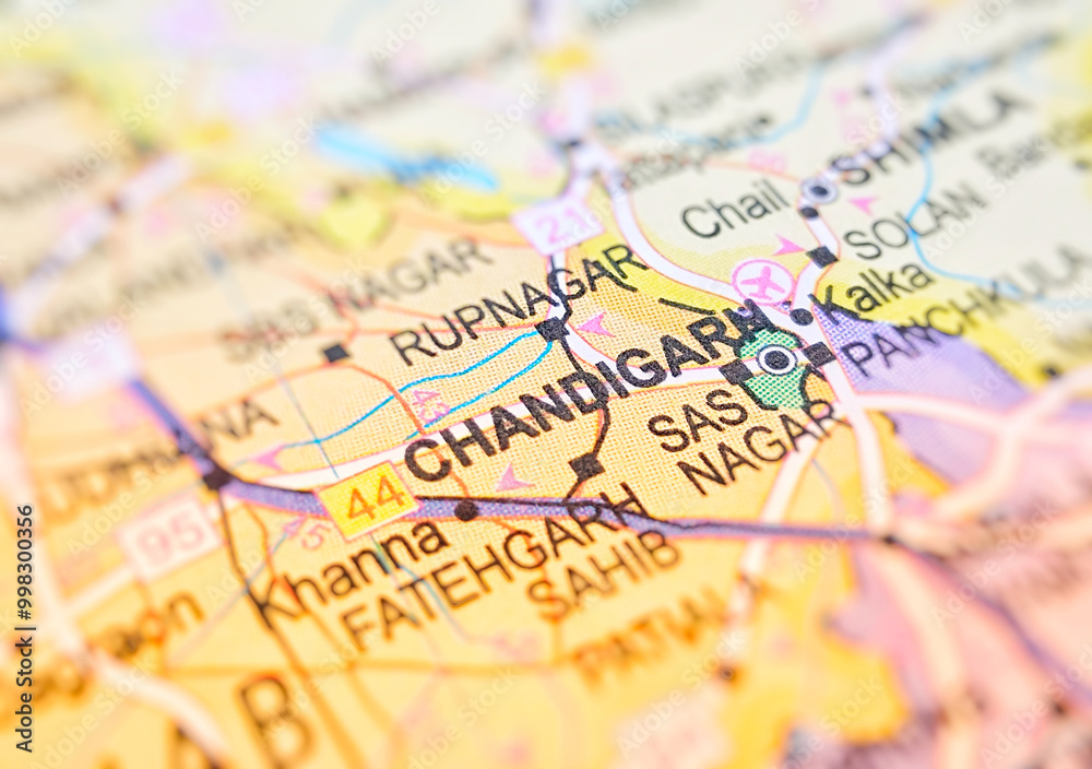 Chandigarh on a map of India with blur effect. Stock Photo | Adobe Stock
