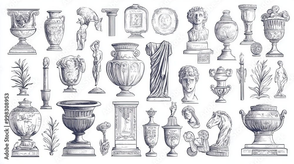 Doodle ancient Roman line stickers, statues and sculptures with vases ...