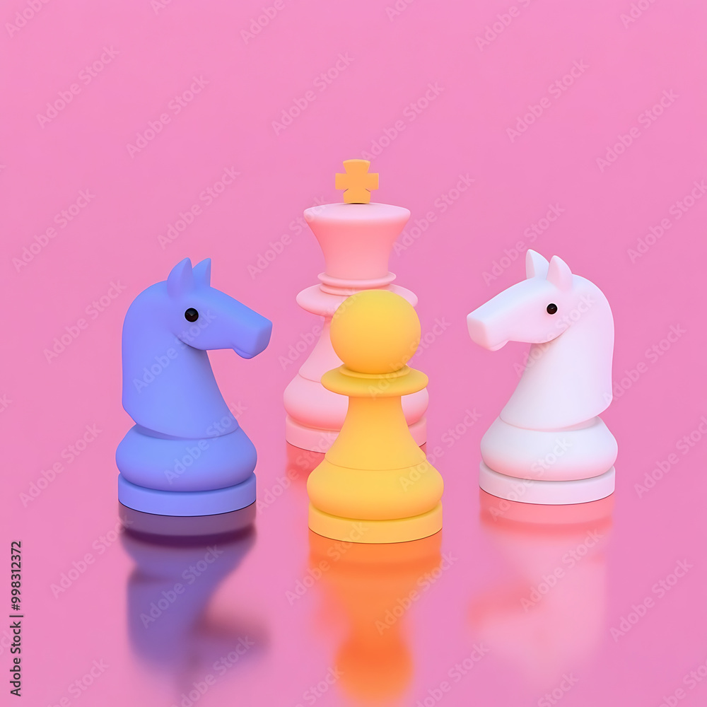 Stylized Chess Set with Pink King, Blue and White Knights, and Bold ...
