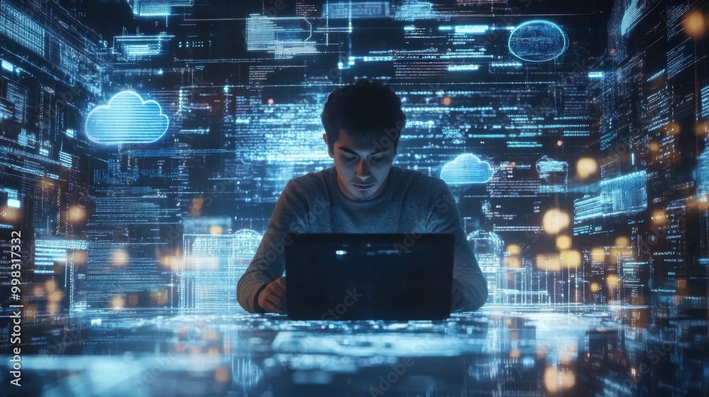 Tech professional coding software on a laptop, surrounded by network ...