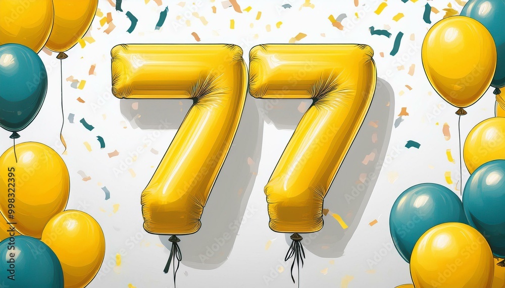 Yellow birthday / anniversary balloon, number 77, white background with ...