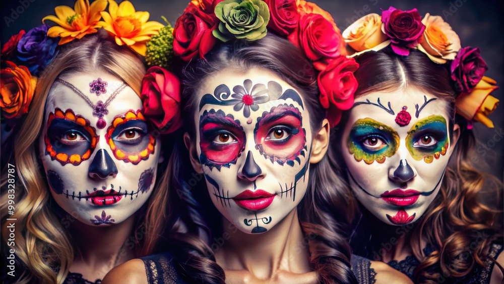 Women with celebrating the Day of the Dead tradition face paint and ...
