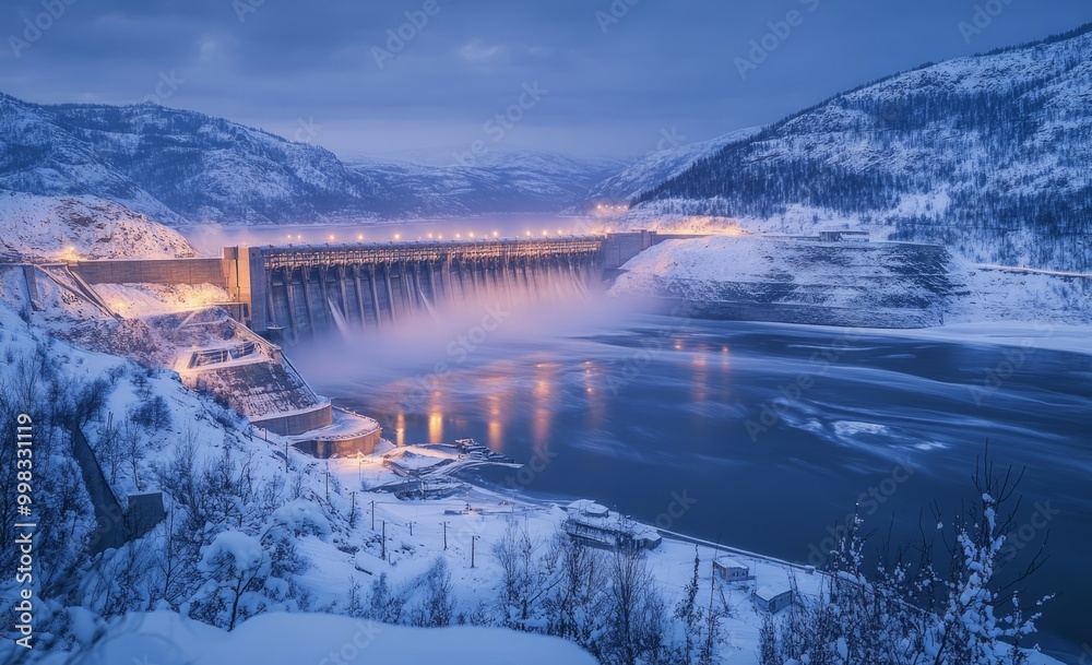 Aerial view of a stunning dam and its gates in full flow, where ...