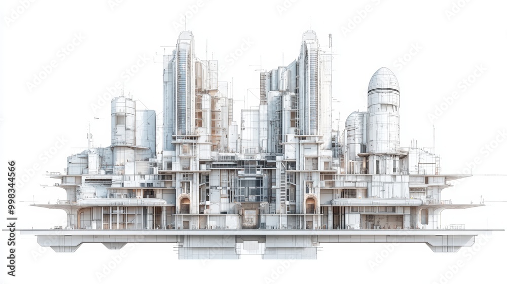 Cross-section CAD drawing of a huge building, future brutalism ...