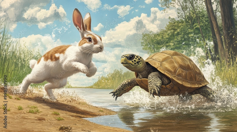 race between the rabbit and the turtle as a classic fable scene, with a ...
