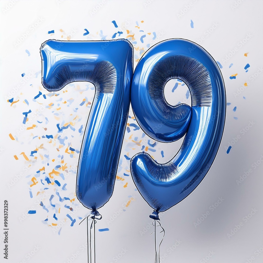Blue birthday / anniversary balloon, number 79, white background with ...