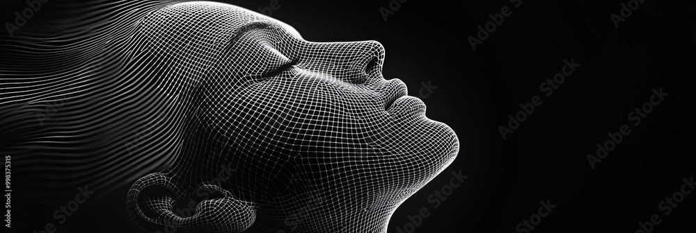 A monochromatic wireframe representation of a human face in profile ...
