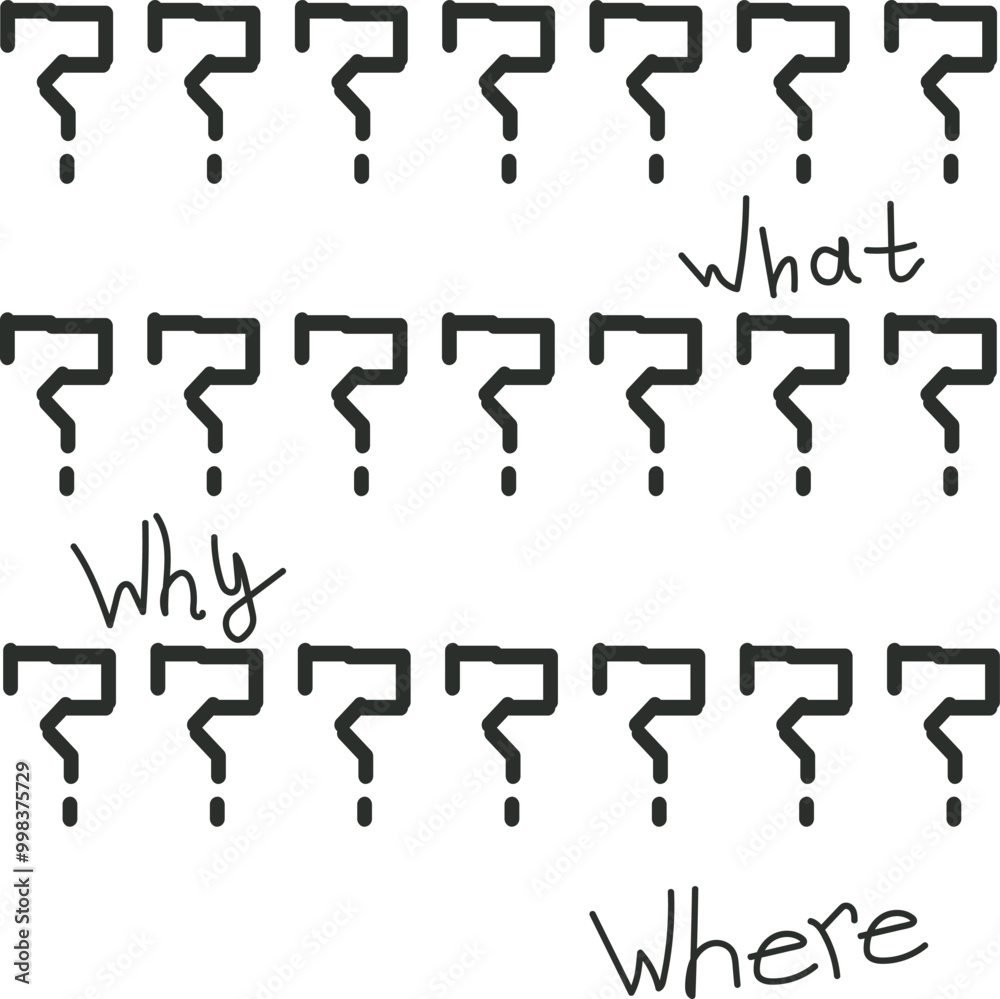 Between large rows of crooked question marks are words such as "what ...