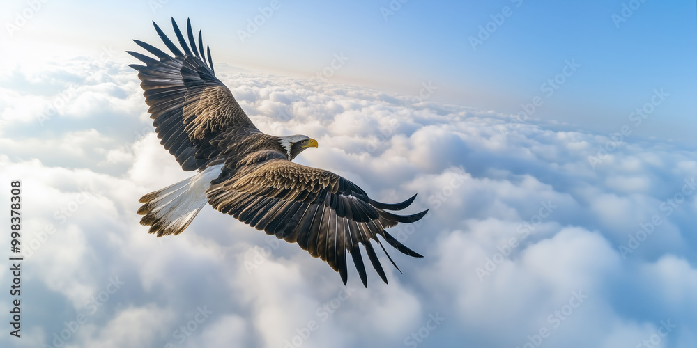 Majestic eagle flight in sunrise above clouds, spectacular aerial view ...