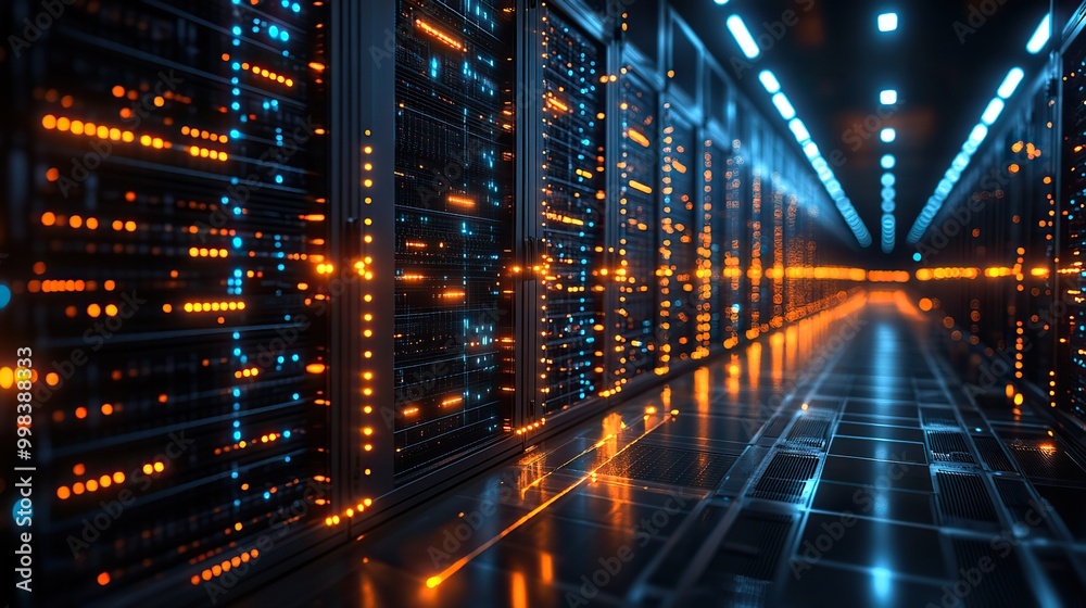 ICT and IoT concepts are illustrated with diagrams and icons on server ...