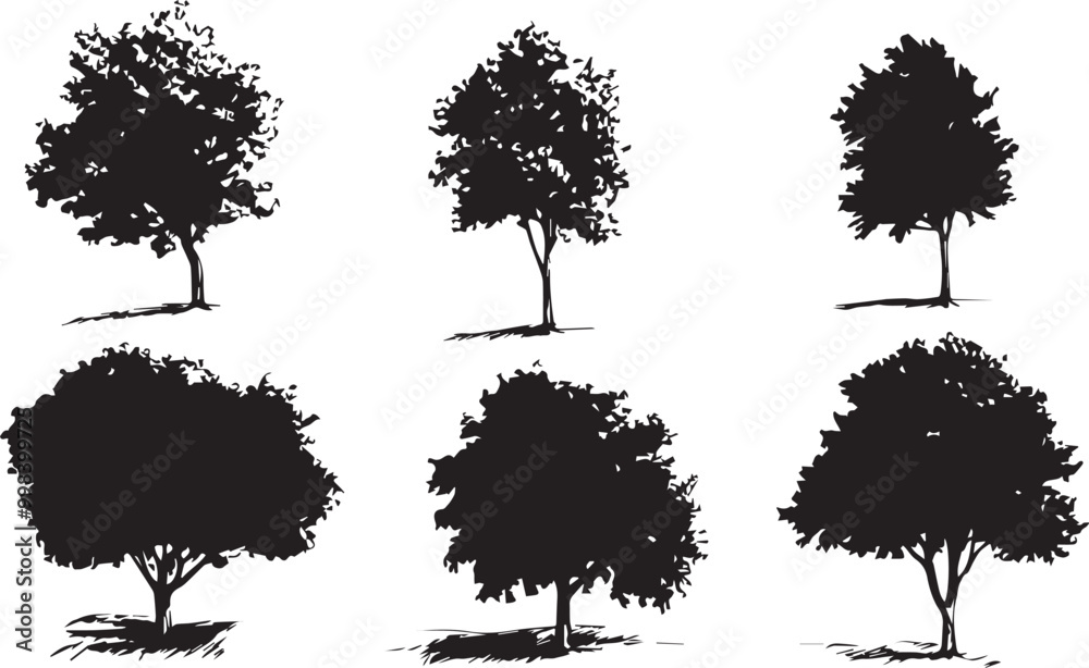 Silhouette tree set. Side view, set of graphic trees elements outline ...