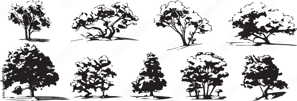 Silhouette tree set. Side view, set of graphic trees elements outline ...