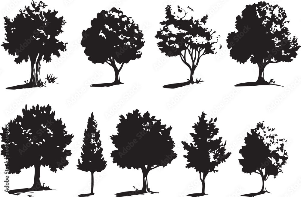 Silhouette tree set. Side view, set of graphic trees elements outline ...