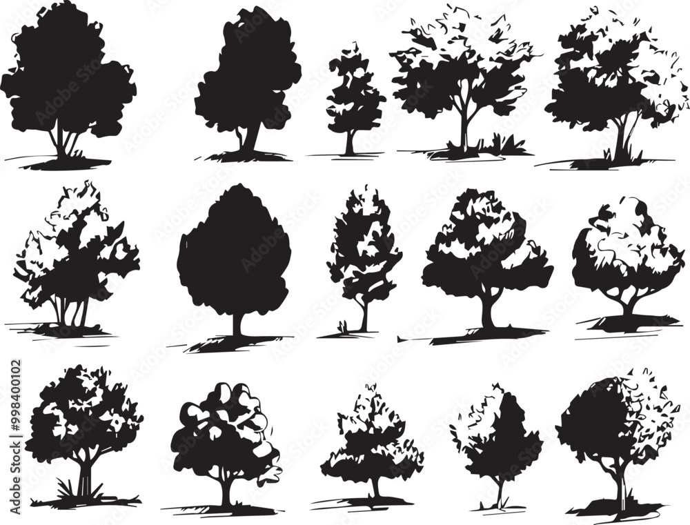 Silhouette tree set. Side view, set of graphic trees elements outline ...