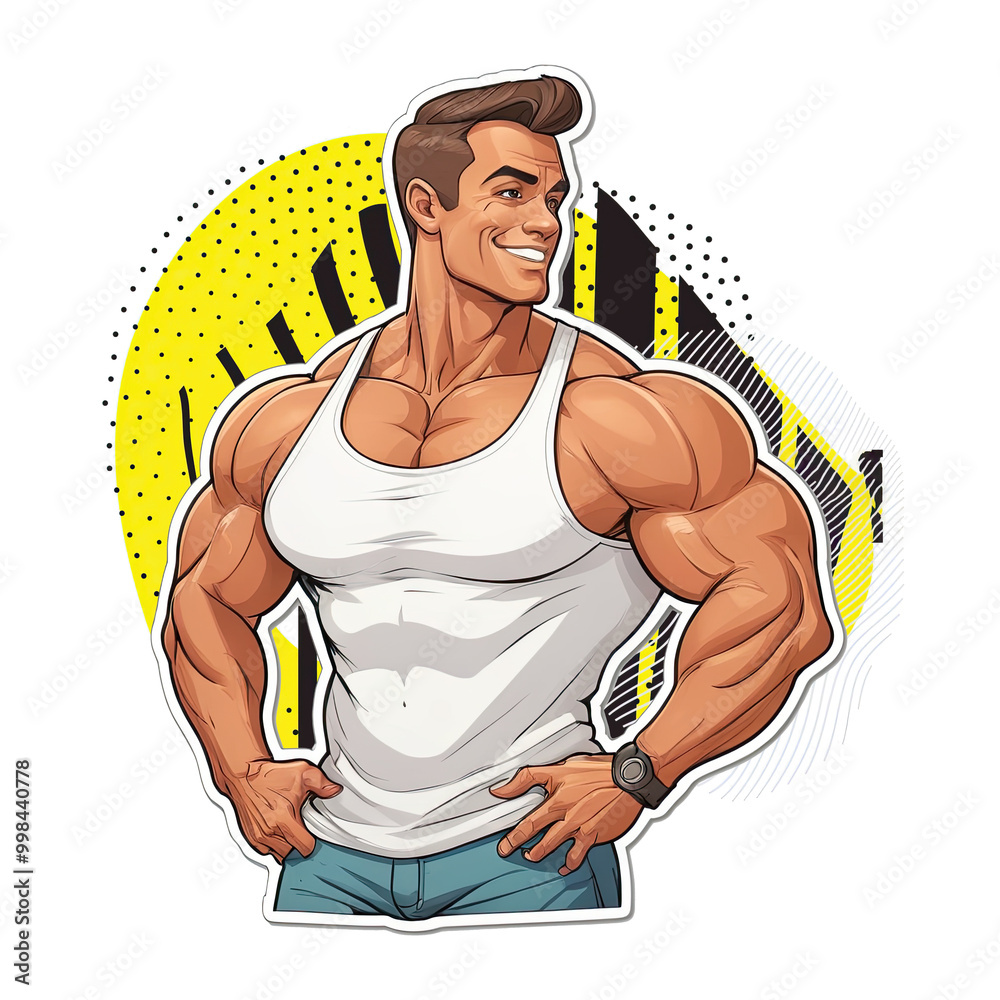 Sticker illustration of a muscular shirtless male bodybuilder on a ...