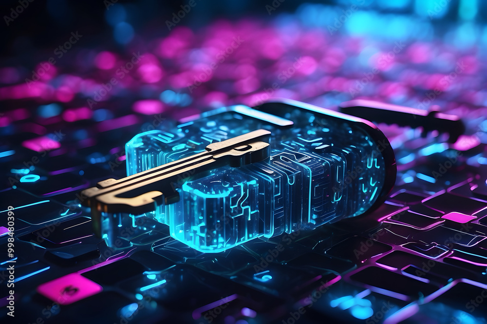 Encrypted Key: A glowing, futuristic key made of neon-blue data floats ...