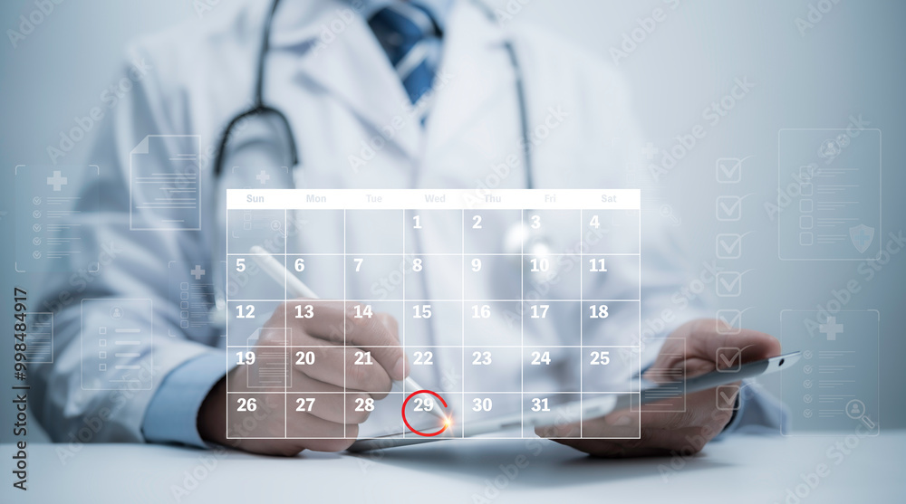 Medical worker touch virtual digital calendar on tablet for plan ...