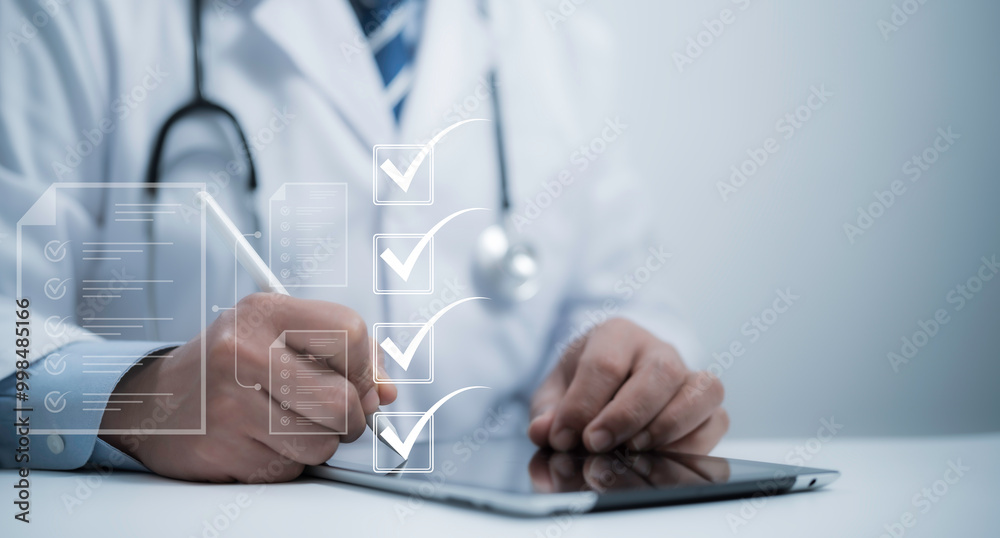 Check list concept.Medical worker with online checklist survey, filling ...
