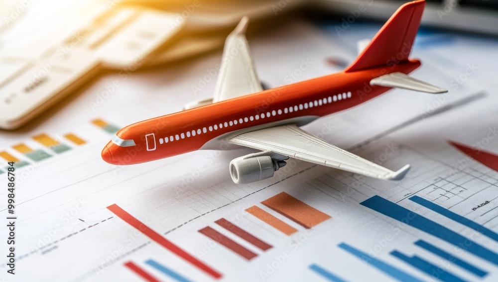 Miniature model of airplane on financial charts and graphs representing ...