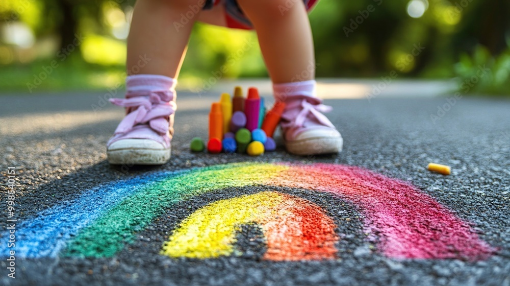Child's Feet and a Chalk Rainbow on Pavement Stock Illustration | Adobe ...