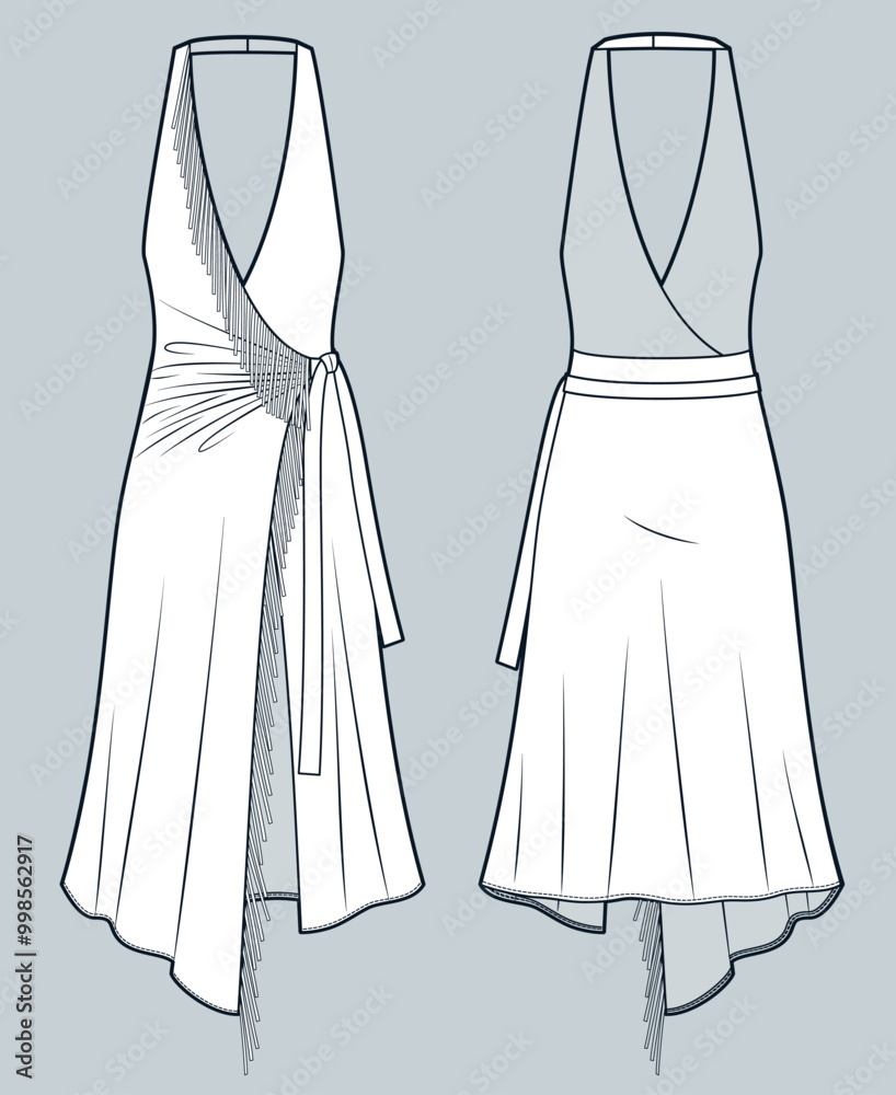 Fringe Wrap Dress technical fashion illustration. Draped Dress fashion ...
