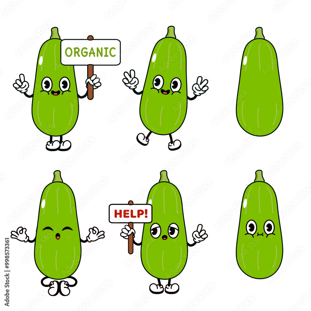 Funny cute Vegetable marrow characters bundle set. Vector hand drawn ...