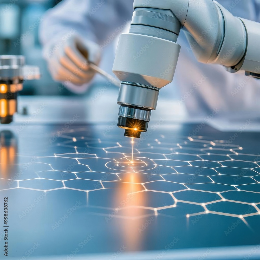 Ilustração Robot arm constructing a graphene layer on a mechanical ...